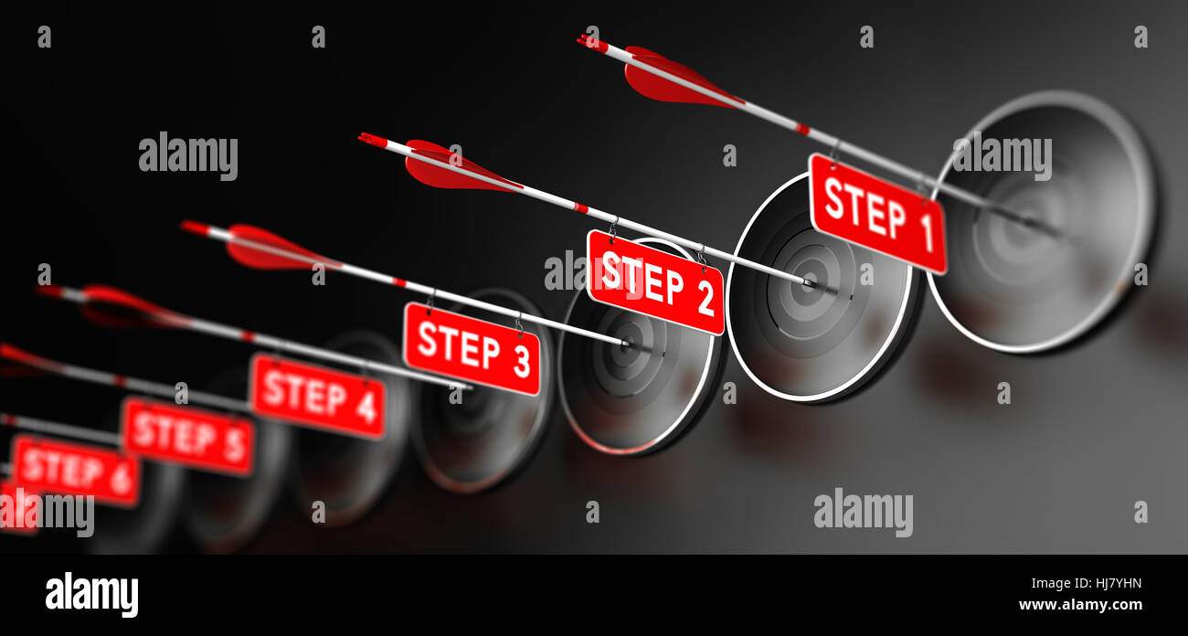 3D illustration of arrows with red signs hitting modern targets over ...