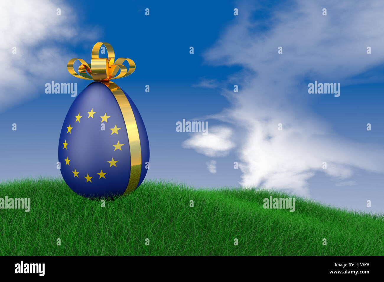 Easter egg with a flag of the European Union in the grass. 3d render ...