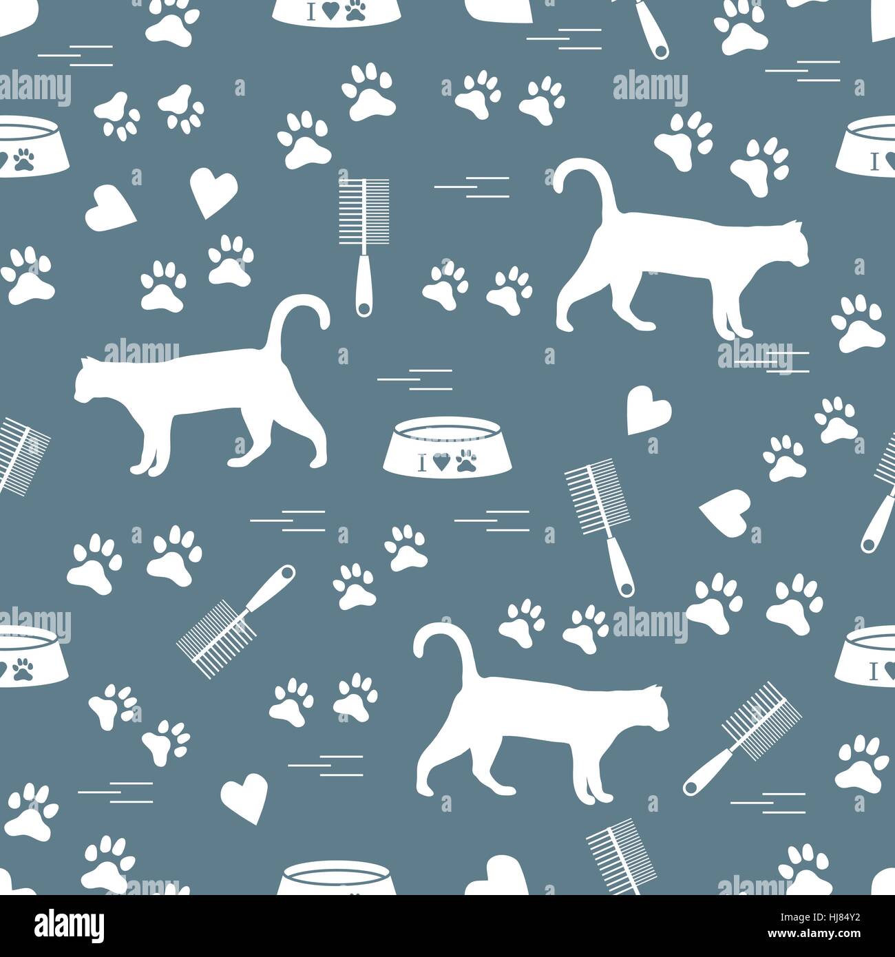 Nice pattern of silhouette walking cat, traces, hearts, bowl and comb ...