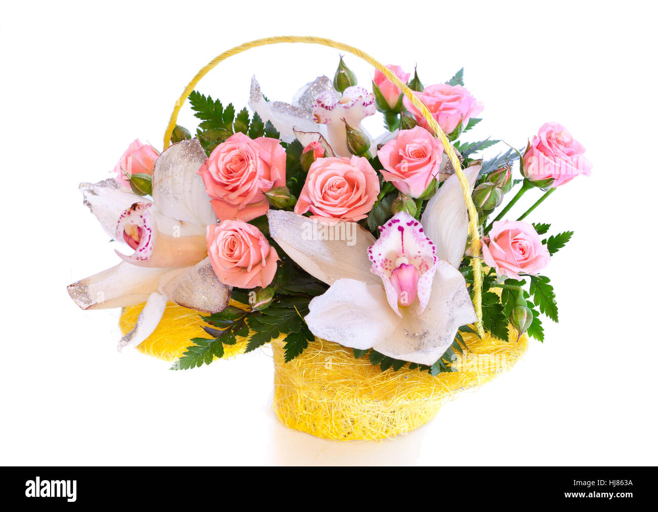 Bright flower bouquet in basket isolated on white Stock Photo - Alamy