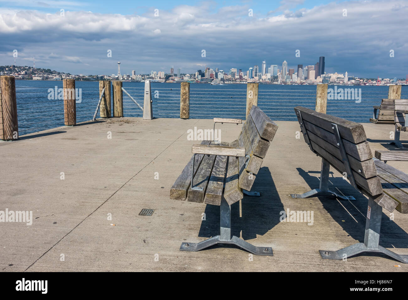 View of the Seattle skyline with benches in the foreground Stock Photo ...
