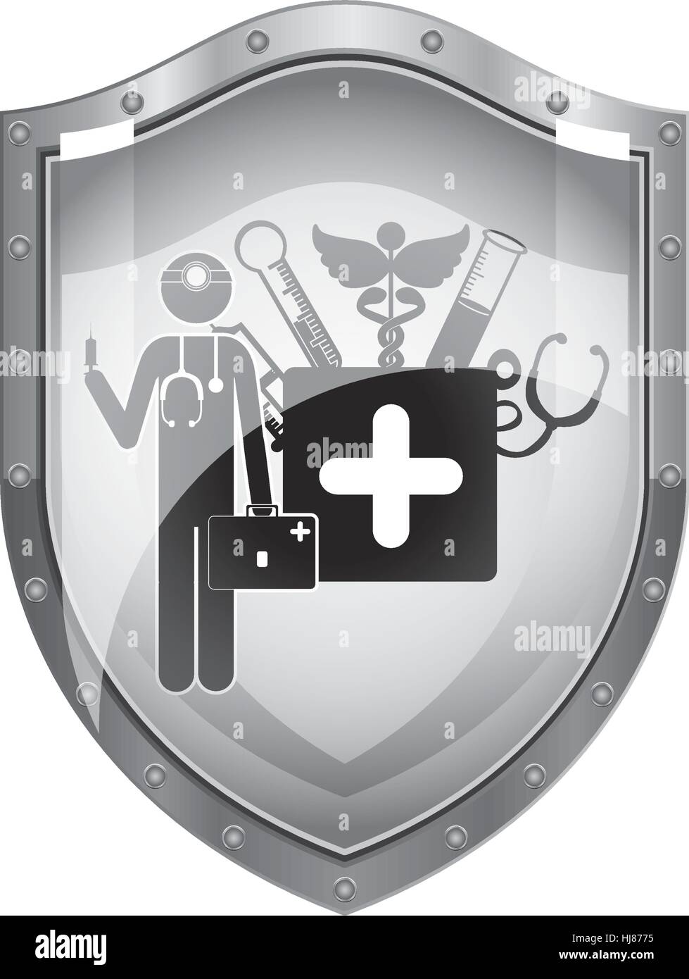 metallic shield of doctor with medical tools vector illustration Stock ...