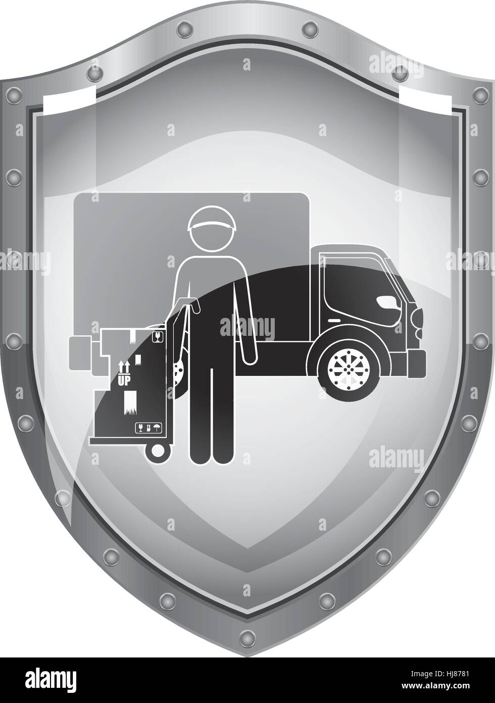 metallic shield of logistic assistant with shipping truck vector ...