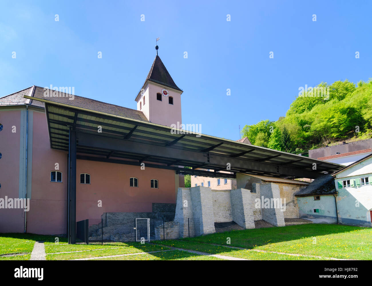 Solnhofen: Ruins of the Sola basilica in front of St. Veit parish ...