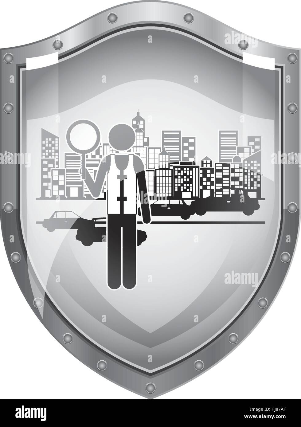 metallic shield of traffic guard in city with cars vector illustration ...