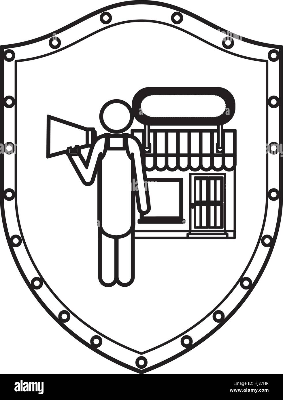 contour shield of shopkeeper with megaphone in store vector ...