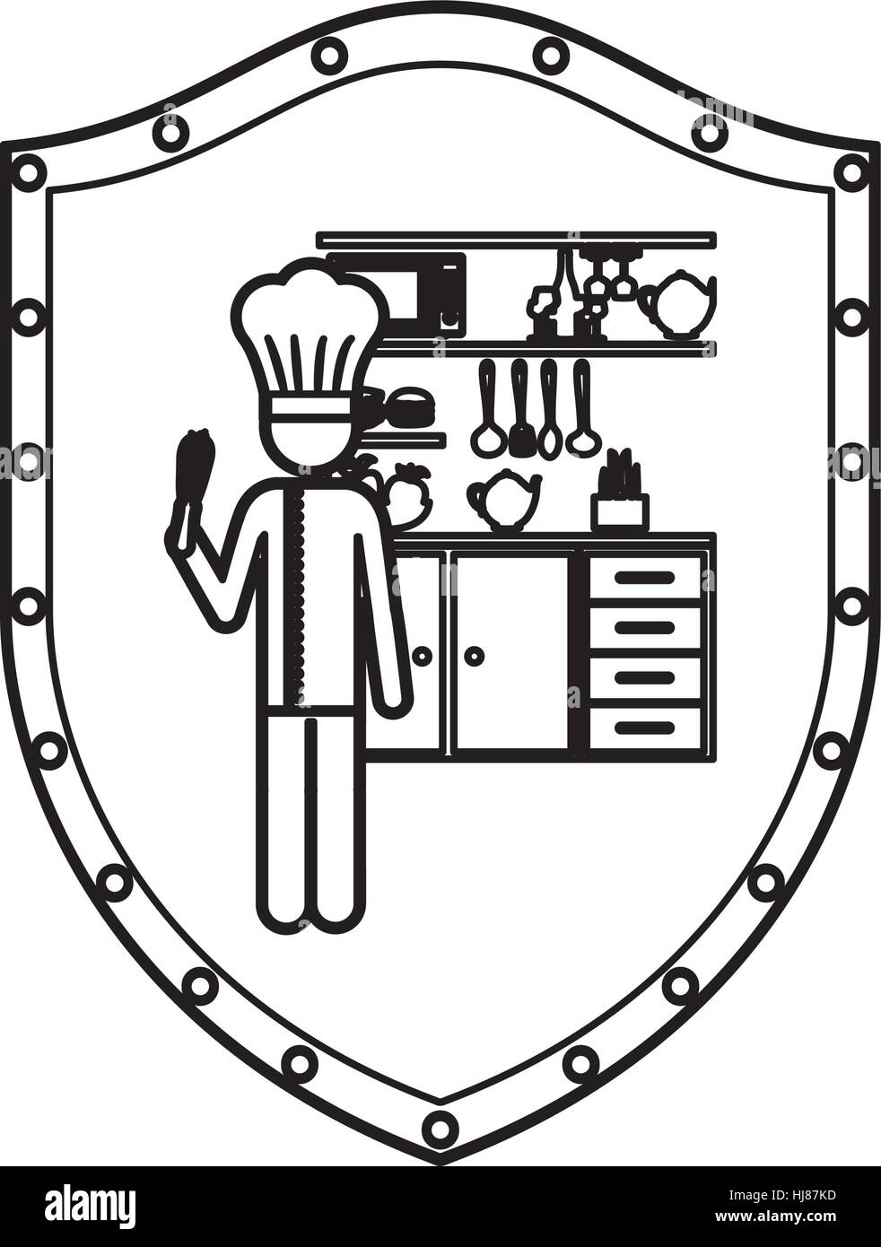 contour shield with chef in the kitchen vector illustration Stock ...