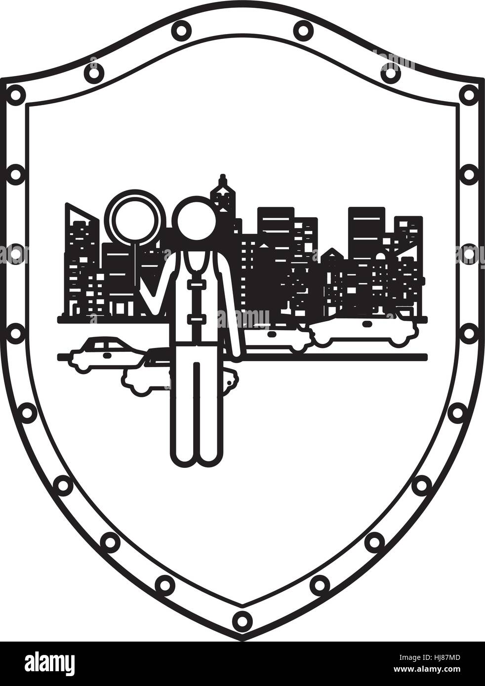 contour shield of traffic guard in city with cars vector illustration ...