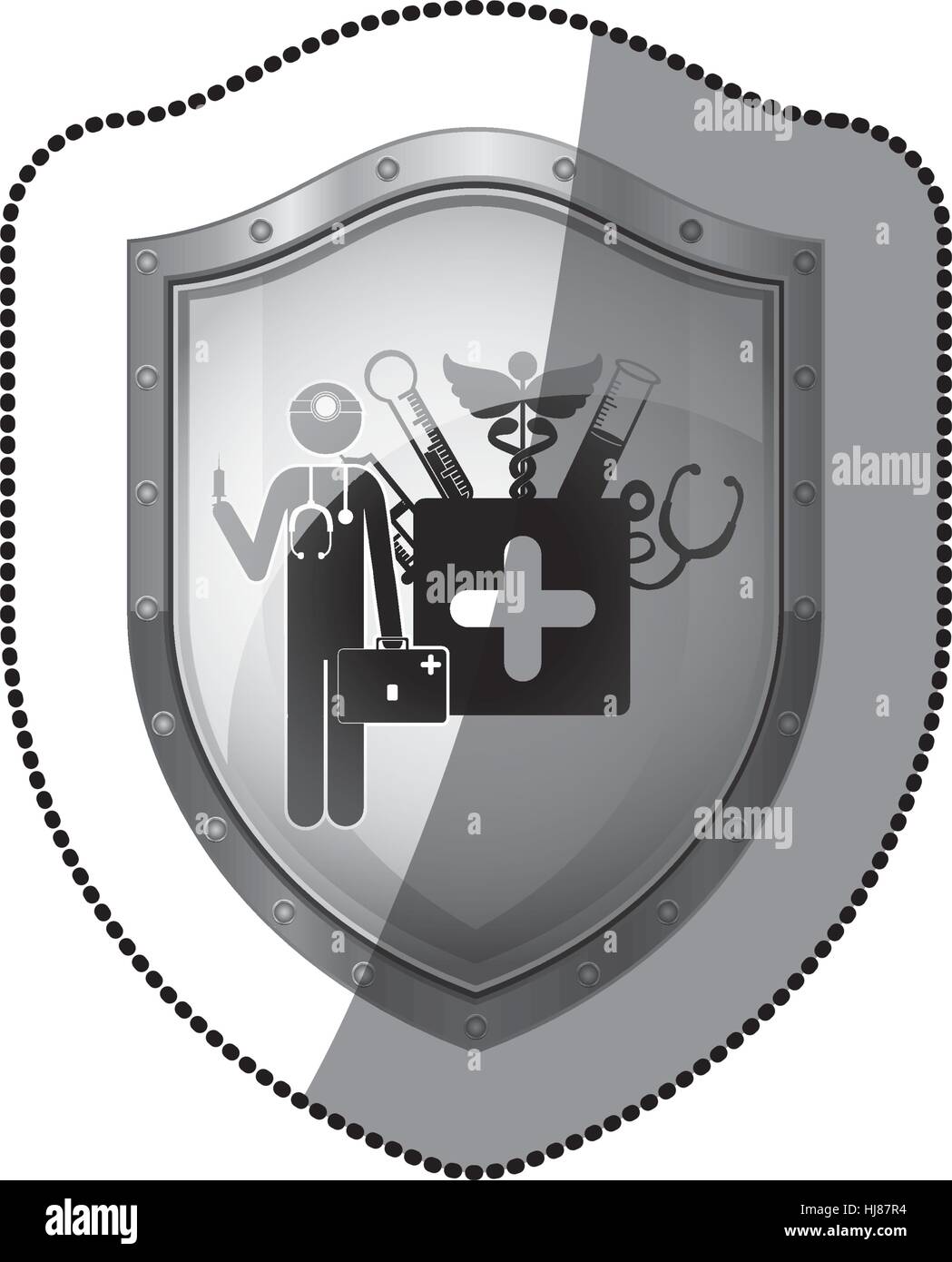 sticker shield with doctor with medical tools vector illustration Stock ...