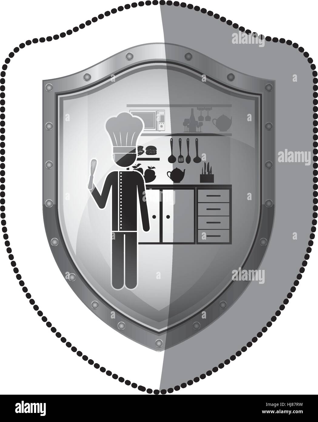 sticker shield with chef in the kitchen vector illustration Stock ...