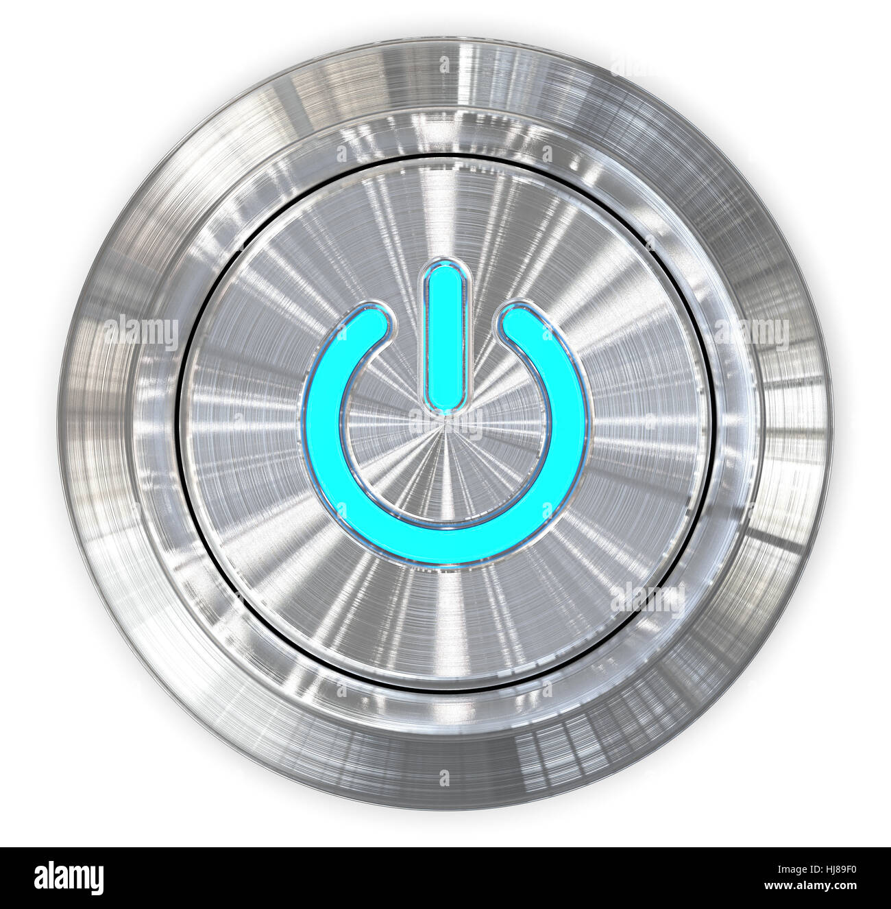 3D render of a Power Button of brushed Steel. Blue LED Light. Radial ...