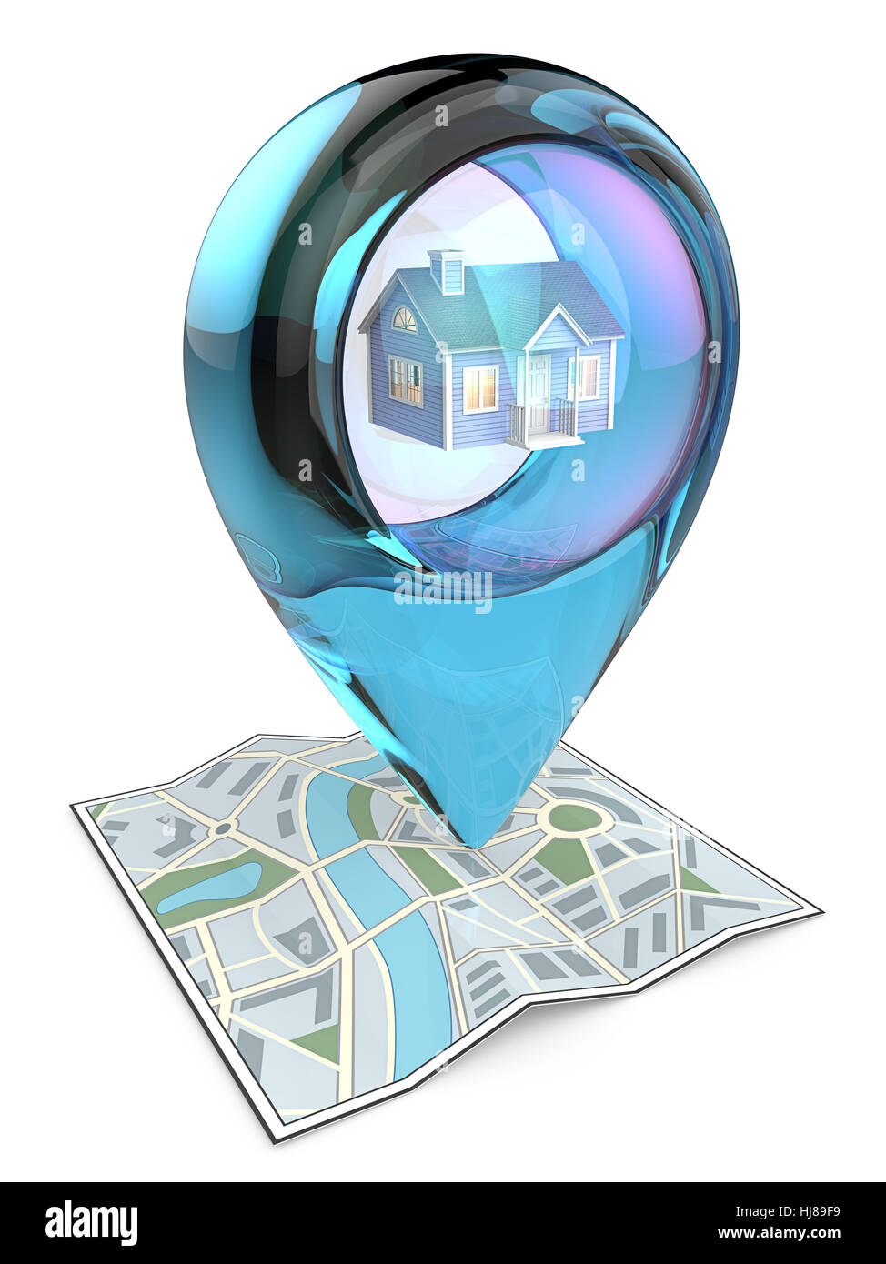 3D render of a Map with Blue Glass GPS Pointer containing a House Stock ...
