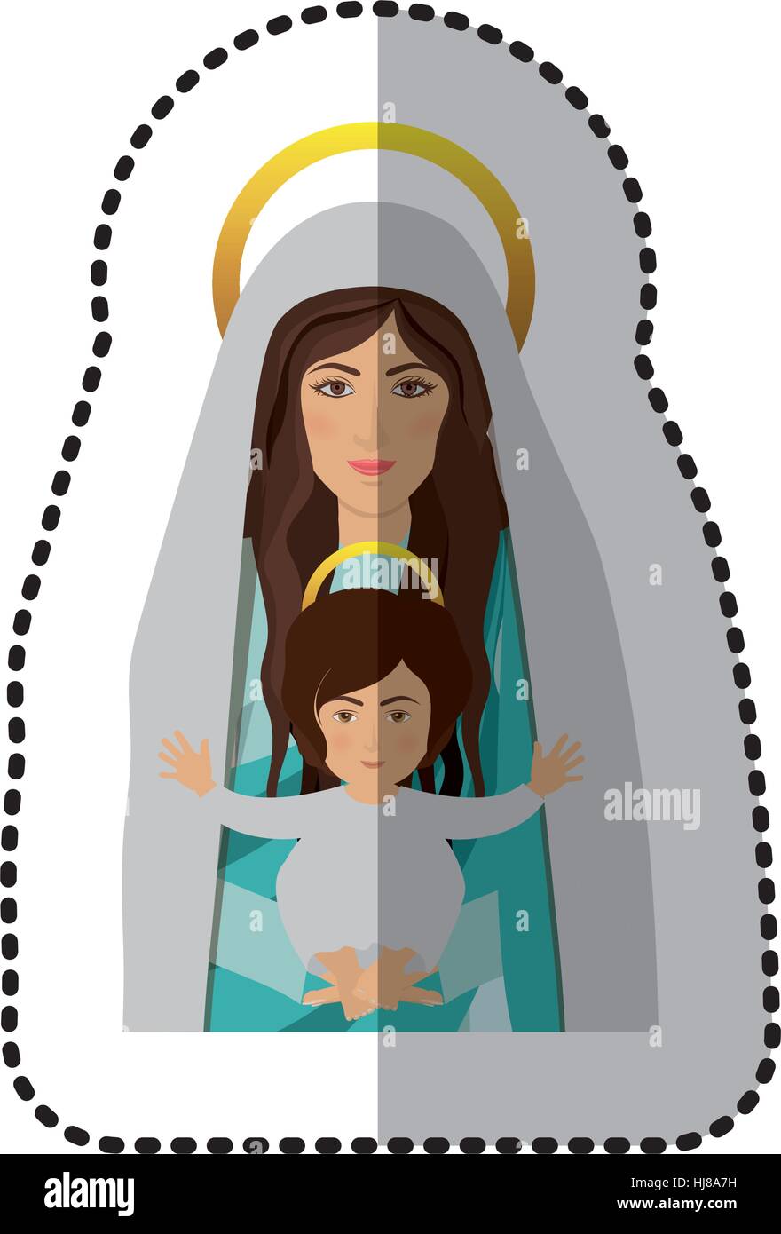 sticker shading of half body saint virgin mary with baby jesus vector ...