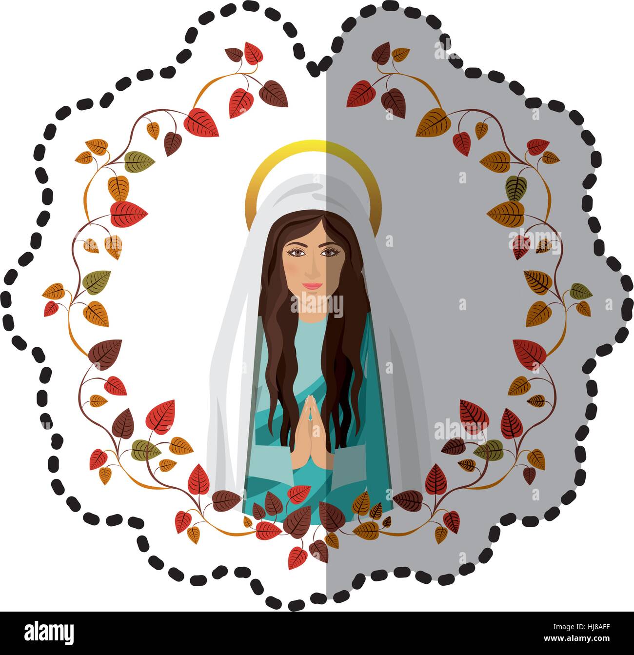 sticker ornament of leaves with half body saint virgin mary praying ...