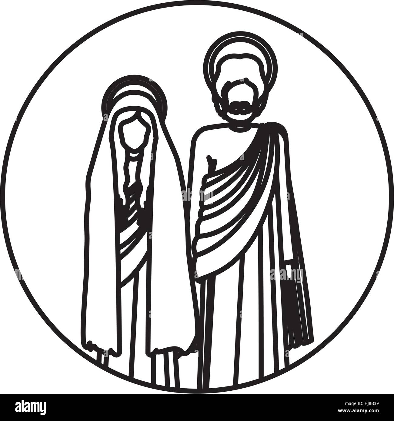 circular shape with silhouette virgin mary and saint joseph standing ...