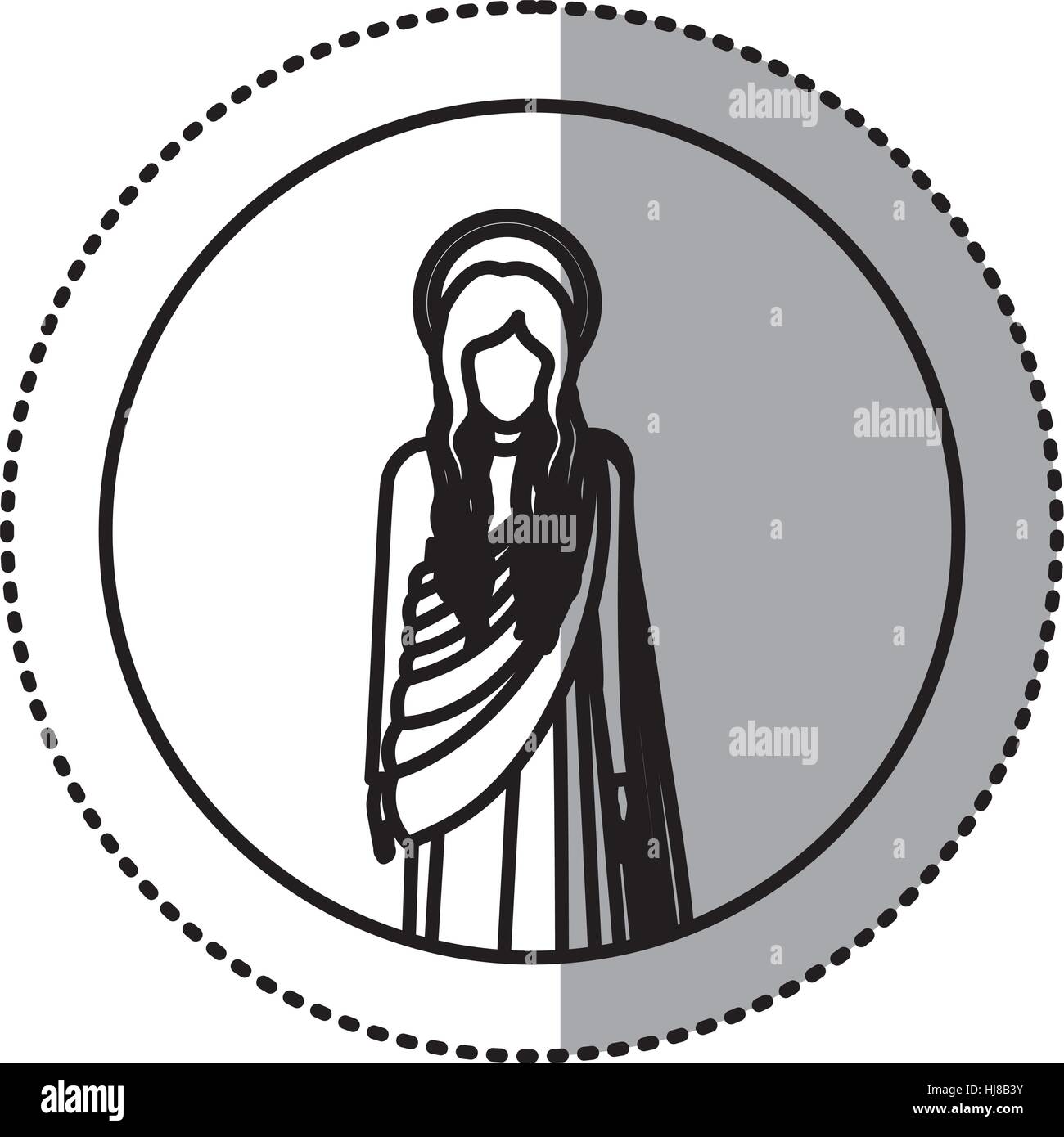 circular sticker with silhoutte figure human of saint virgin maria ...