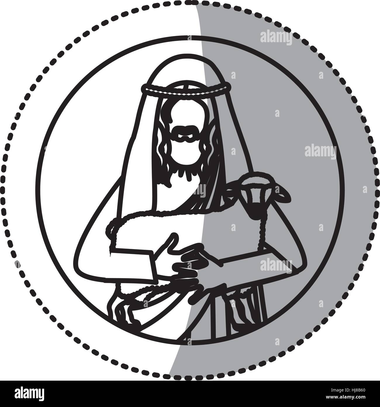 circular sticker with silhouette half body jesus carrying a sheep ...