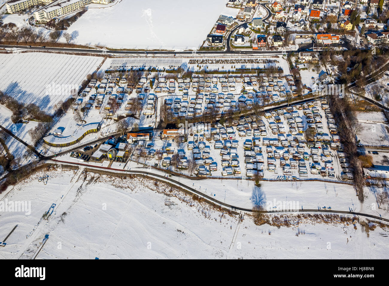 Stockum with ADAC camping, winter weather, snow, low water at Möhnesee ...