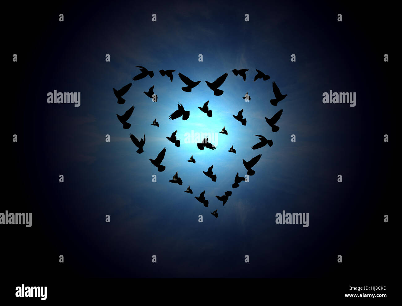 the inscription of the heart shape with birds in sky Stock Photo - Alamy