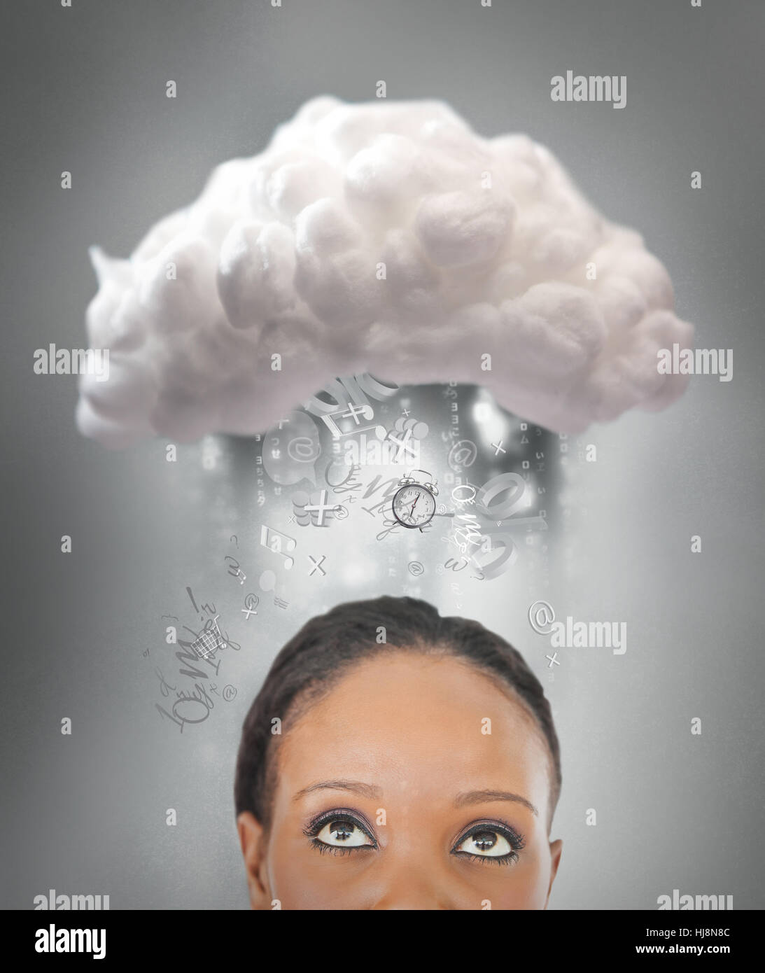 Girl thinking about cloud computing on grey background Stock Photo - Alamy