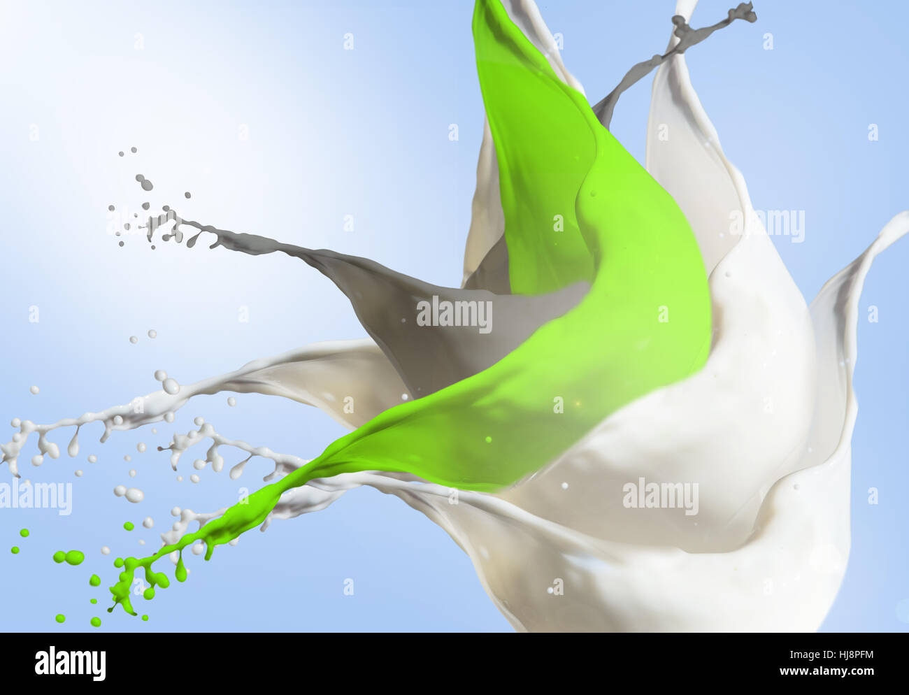 Artistic paint splash design in grey green and white on blue background ...
