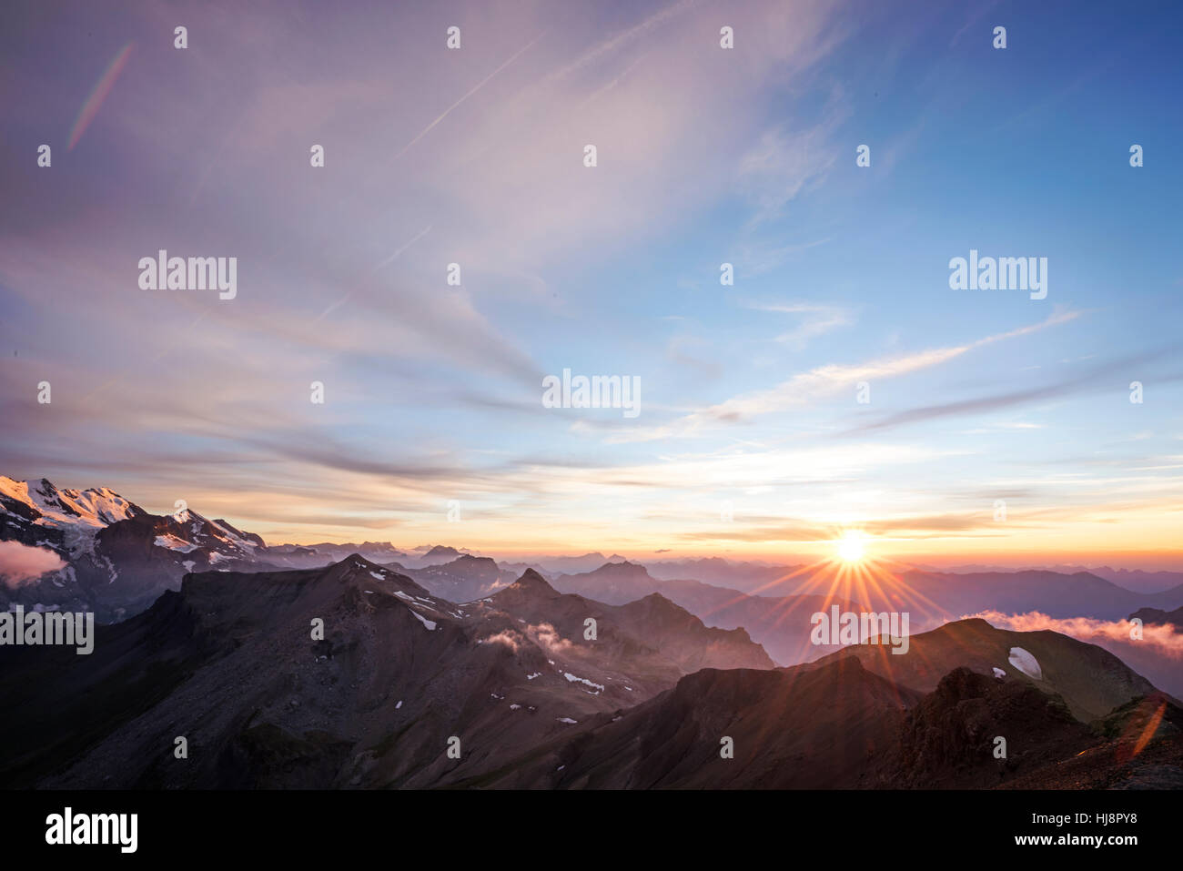 Sunset over the Swiss Alps, Schilthorn, Bern, Switzerland Stock Photo ...