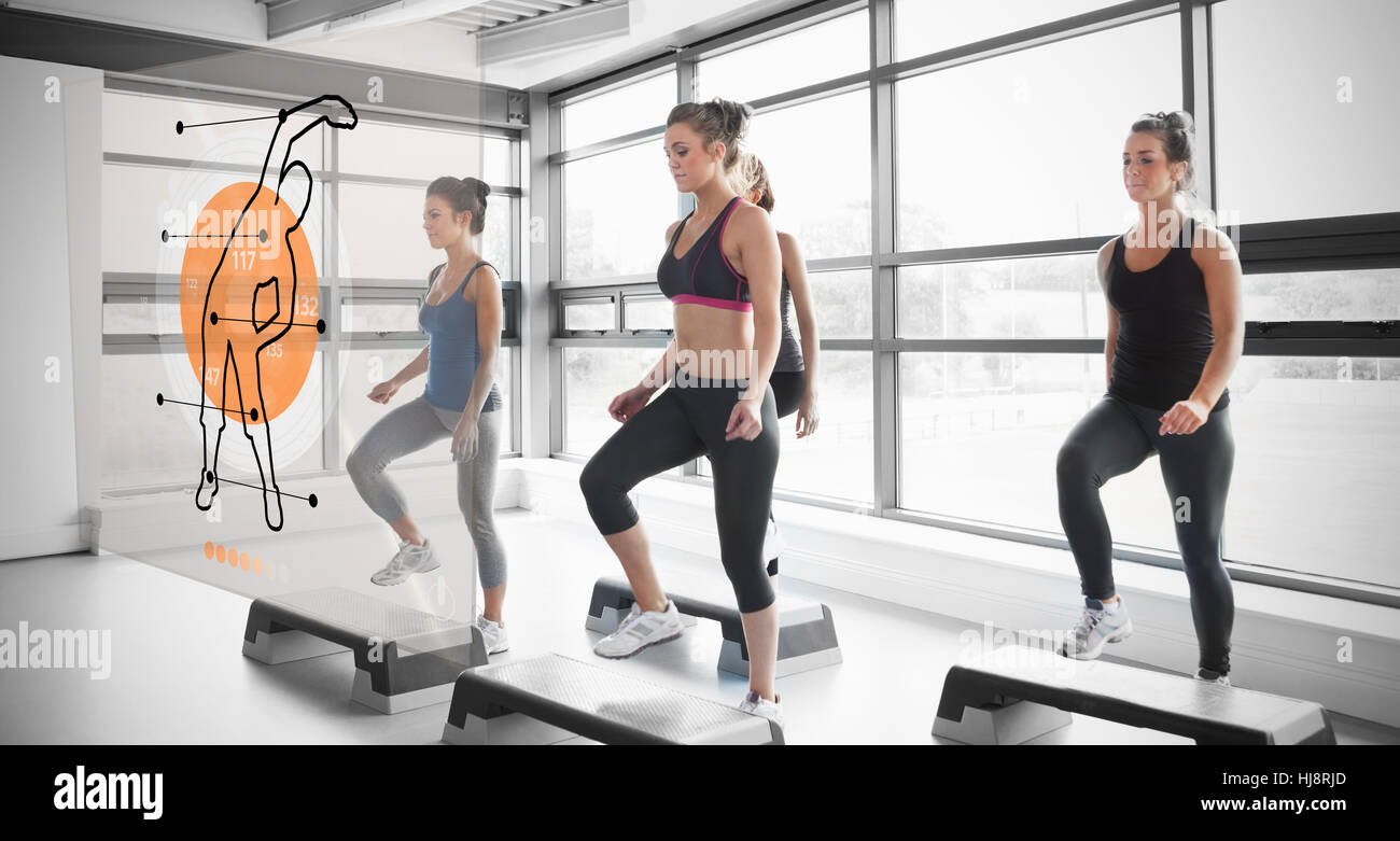 Women doing exercise with futuristic interface demonstration coach-like ...