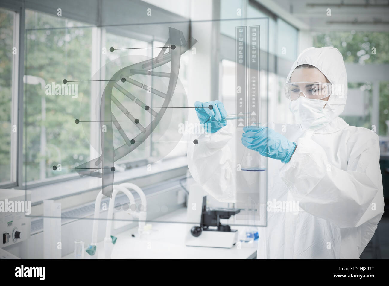 Chemist in protective suit working with futuristic interface with dna ...