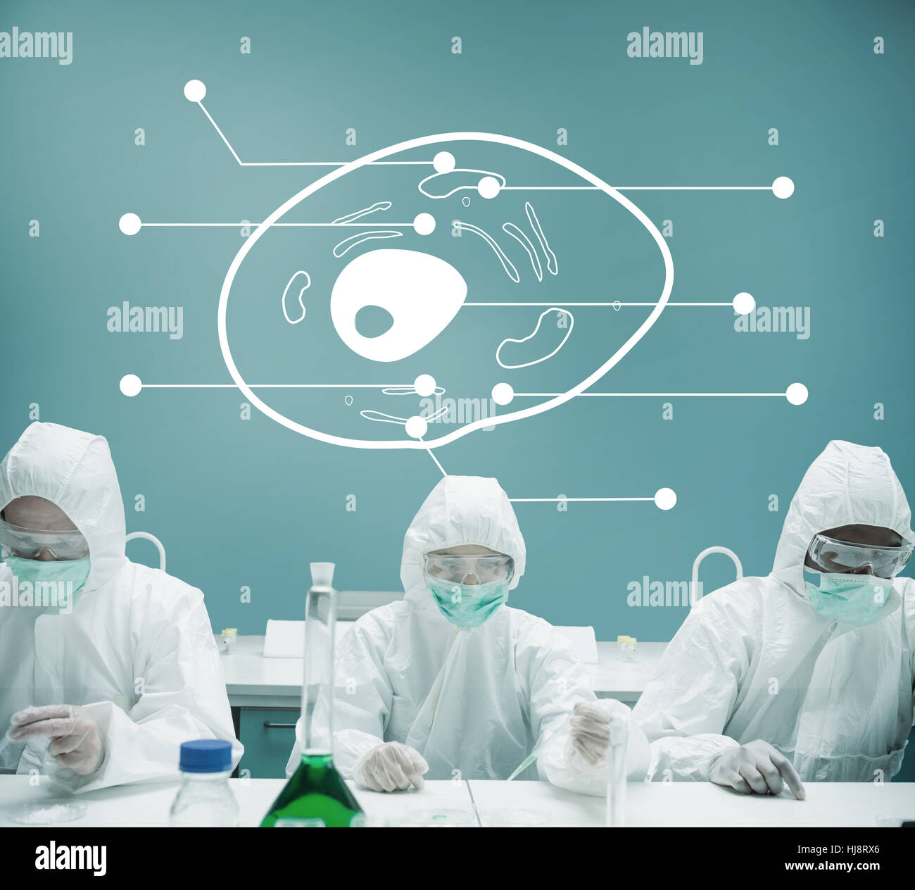 Lab workers experimenting in the lab with cell diagram in background ...