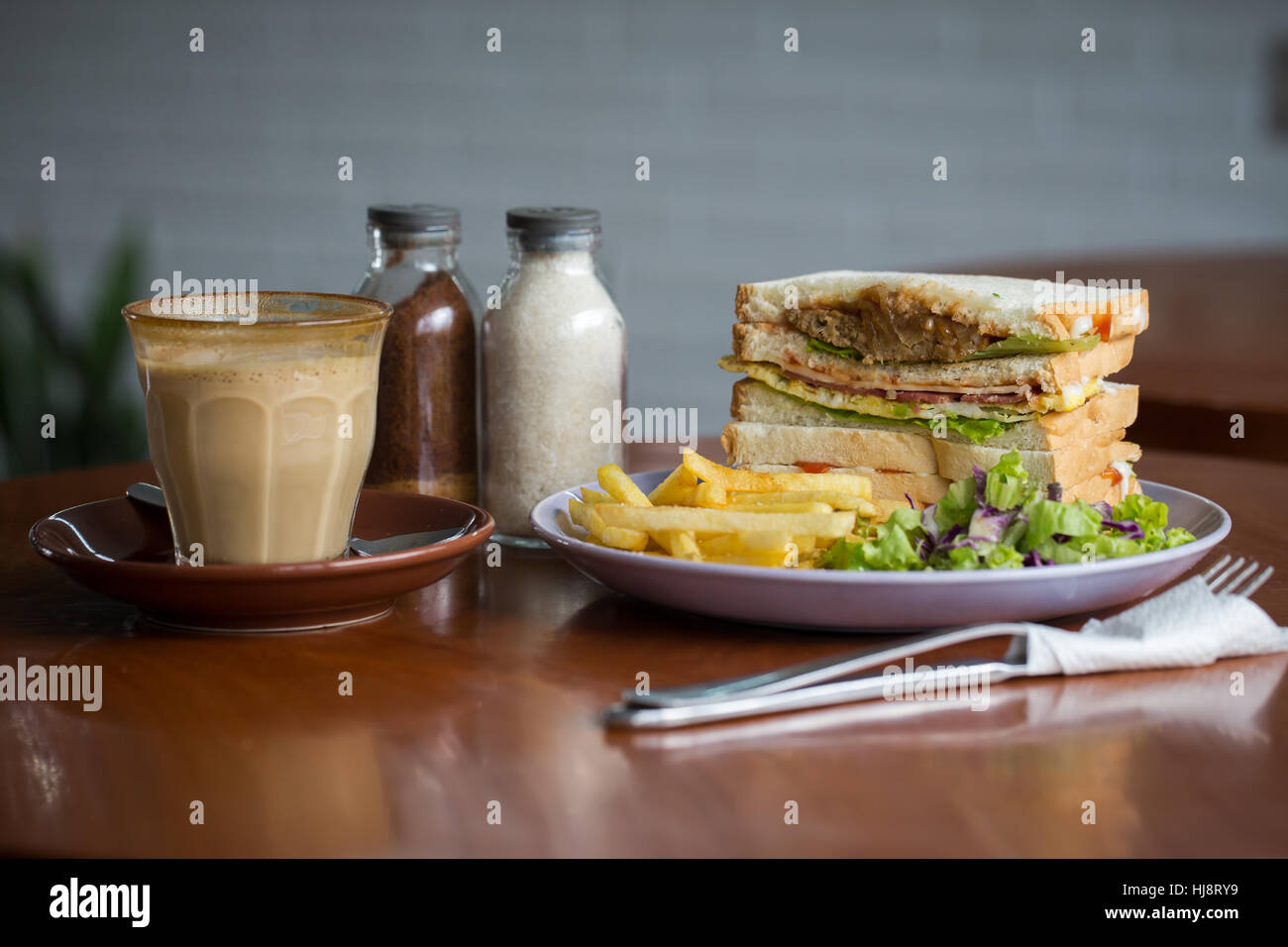 Breakfast club sandwich and coffee Stock Photo - Alamy