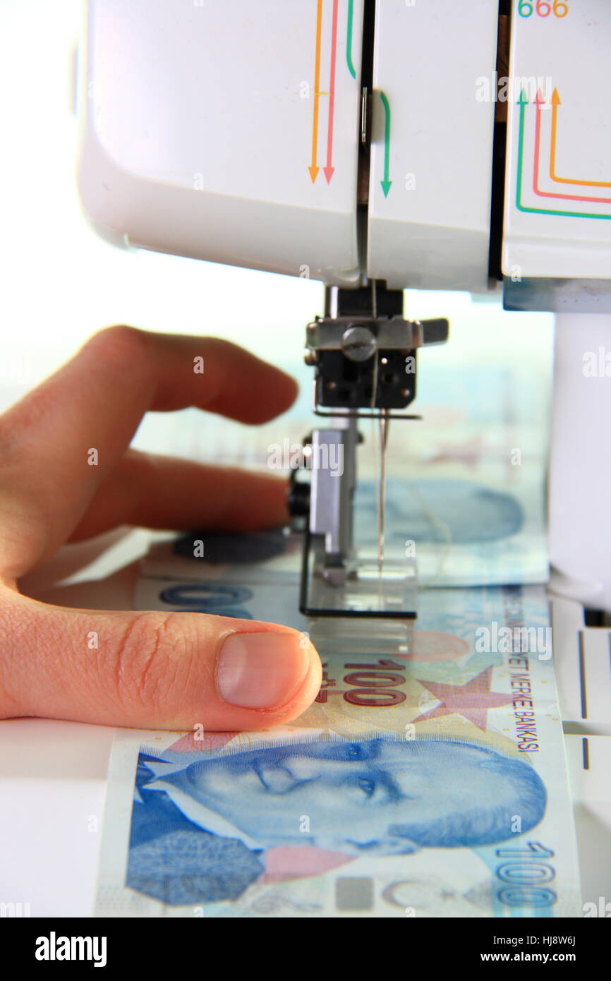 sewing machine sewing money turkish lira on white background Stock ...