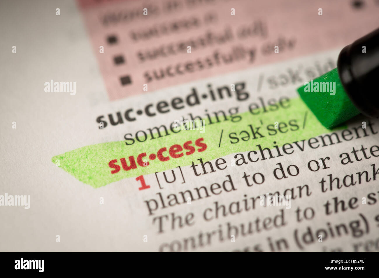 Success definition highlighted in green in the dictionary Stock Photo ...