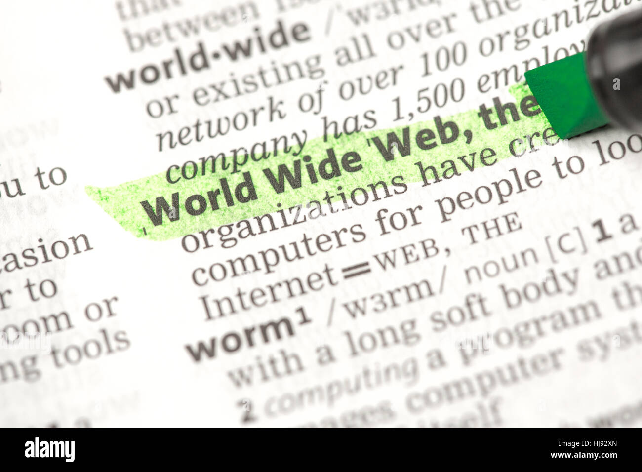 World Wide Web definition hughlighted in green in the dictionary Stock ...