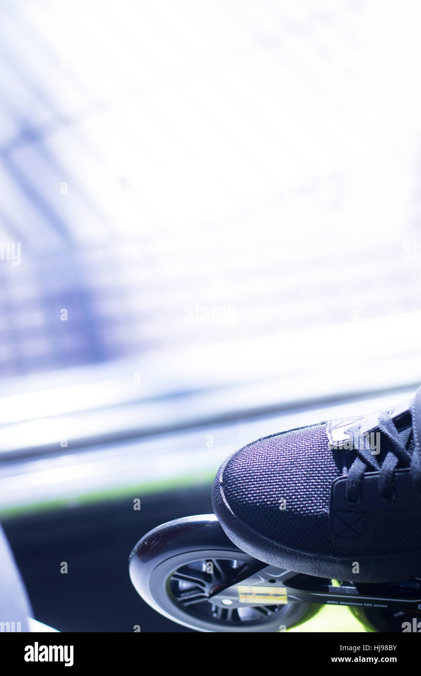 Inline freestyle new roller skates in retail skate shop window display ...