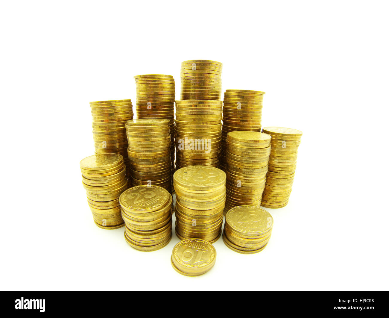 towers of coins isolated on a whiteness Stock Photo - Alamy