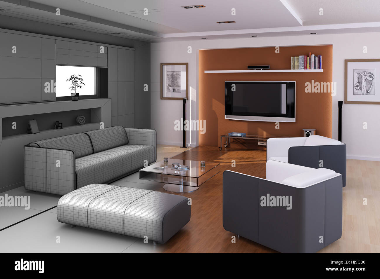 modern living room wireframe final Stock Photo - Alamy