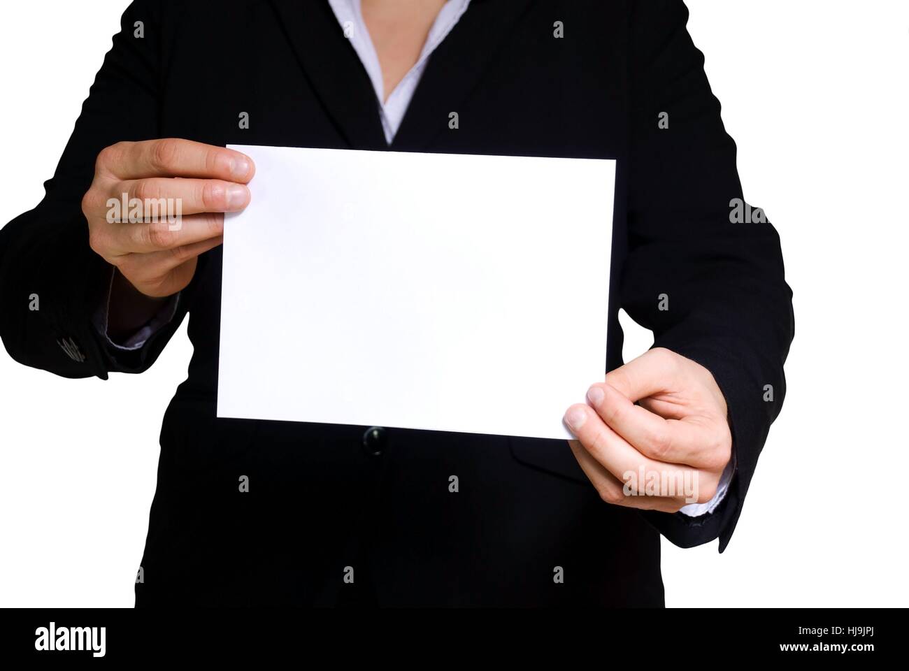 a business woman holding a tag with copyspace, isolated on white Stock ...