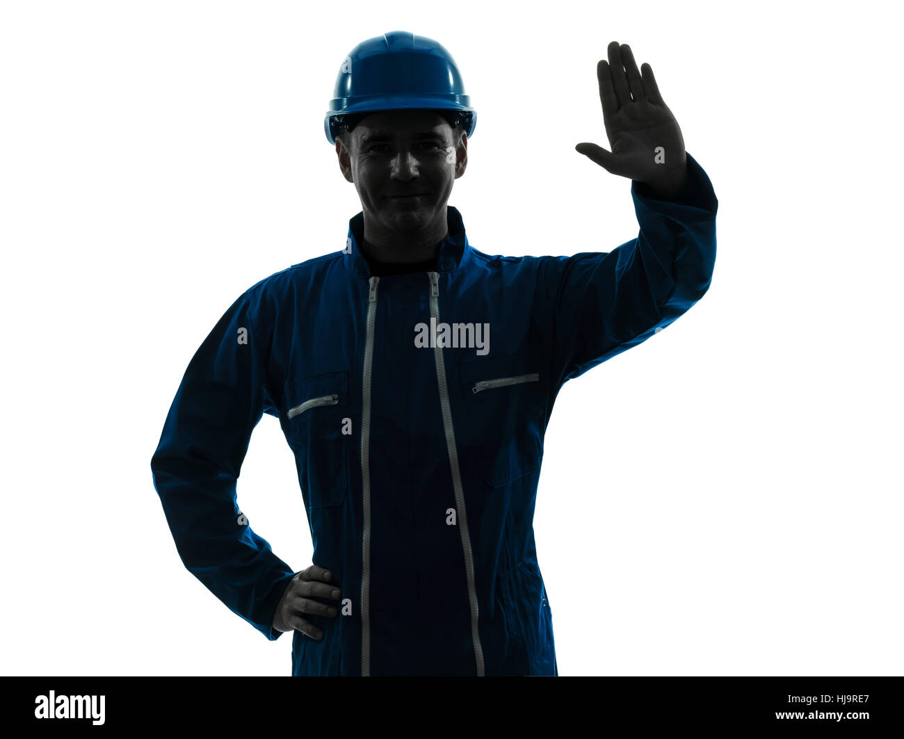 one caucasian man construction worker saluting smiling silhouette ...