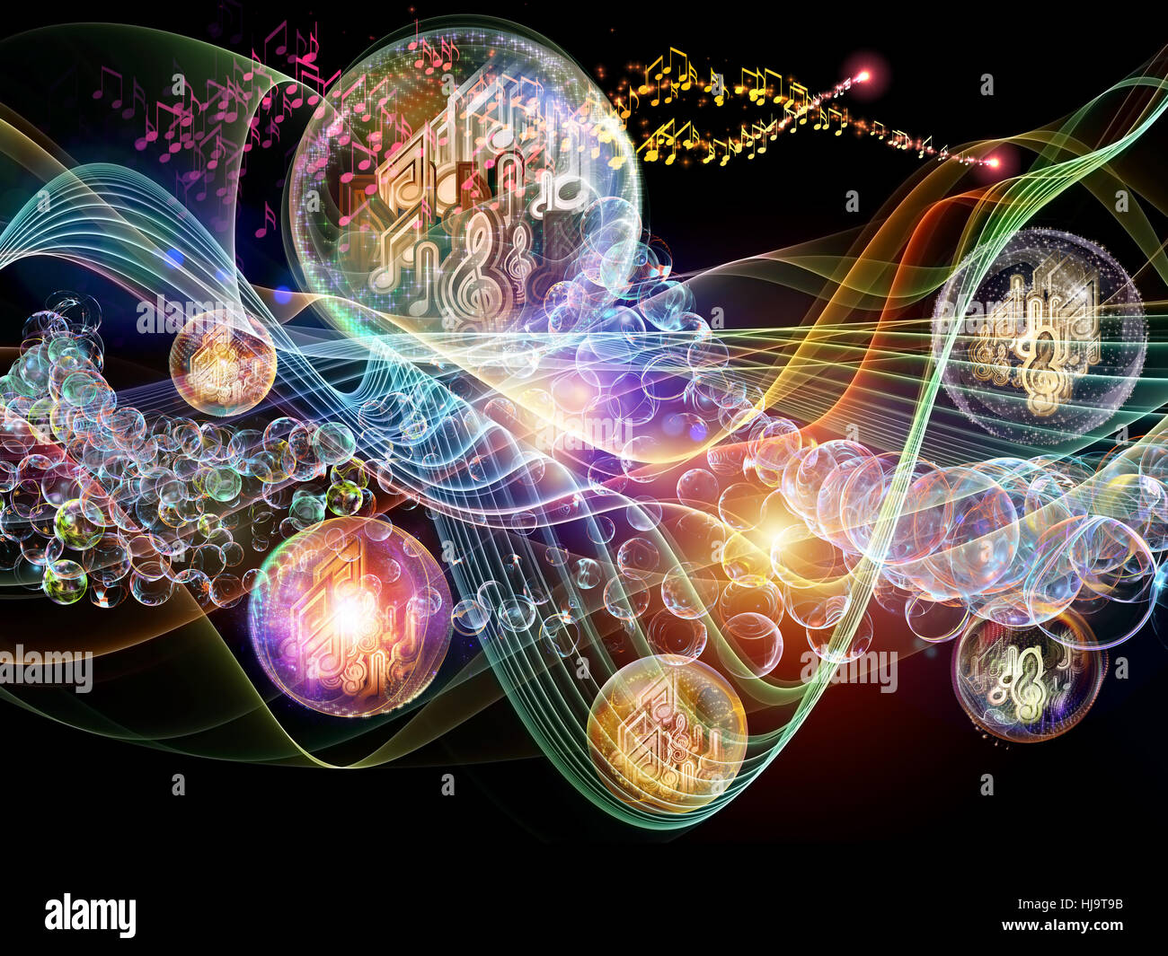 Bubble Symphony series. Composition of musical notes, fractal spheres ...