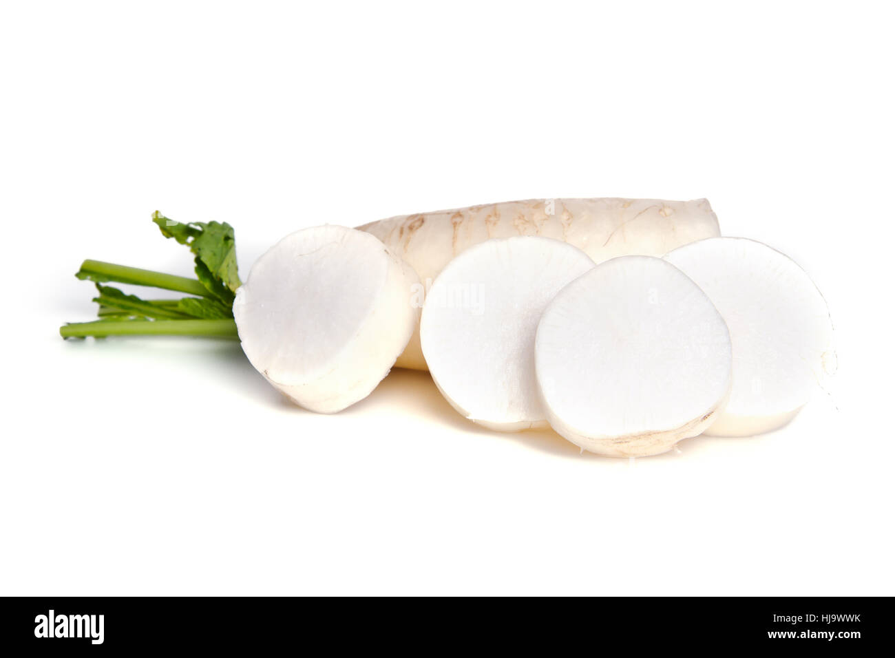 Fresh Daikon radish with sliced pieces isolated on white background ...