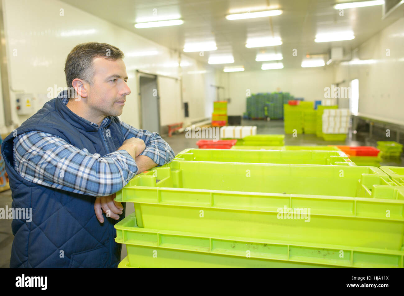 Man leaning in stack of plastic crates Stock Photo - Alamy