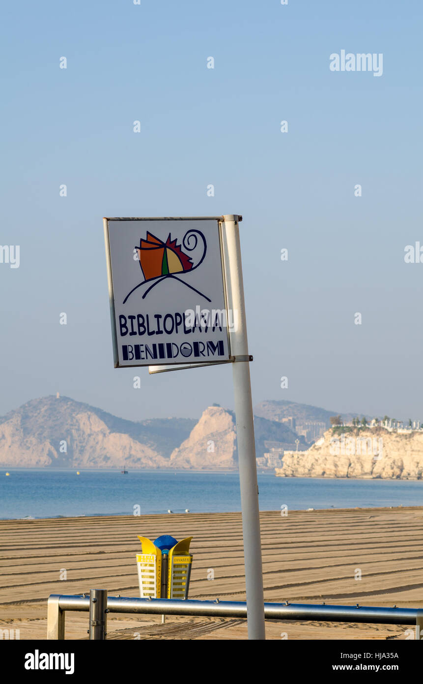 Benidorm, SPAIN - DECEMBER 04, 2015: Sign announcing Benidorm Beach ...