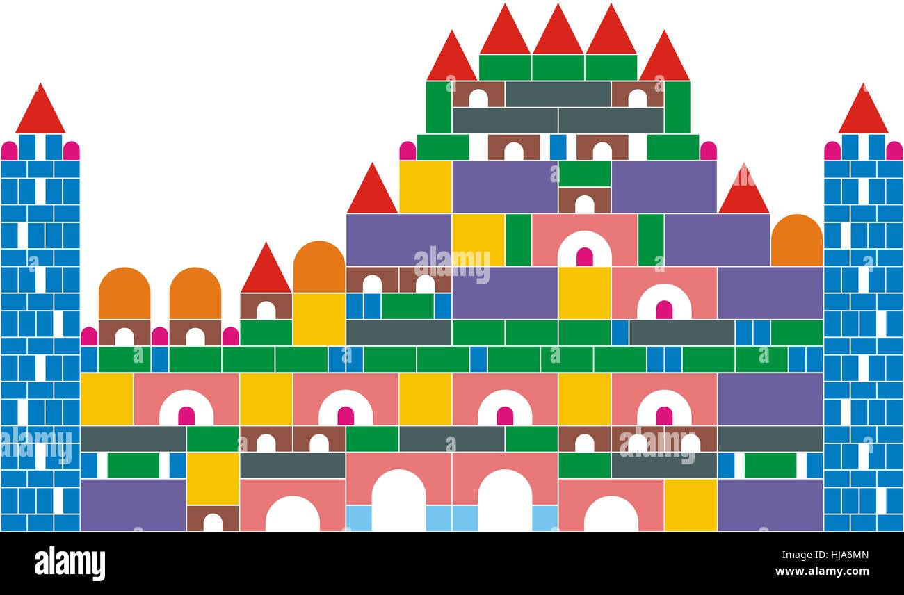 colour, fantasy, toy, illustration, retro, cube, castle, color, child ...