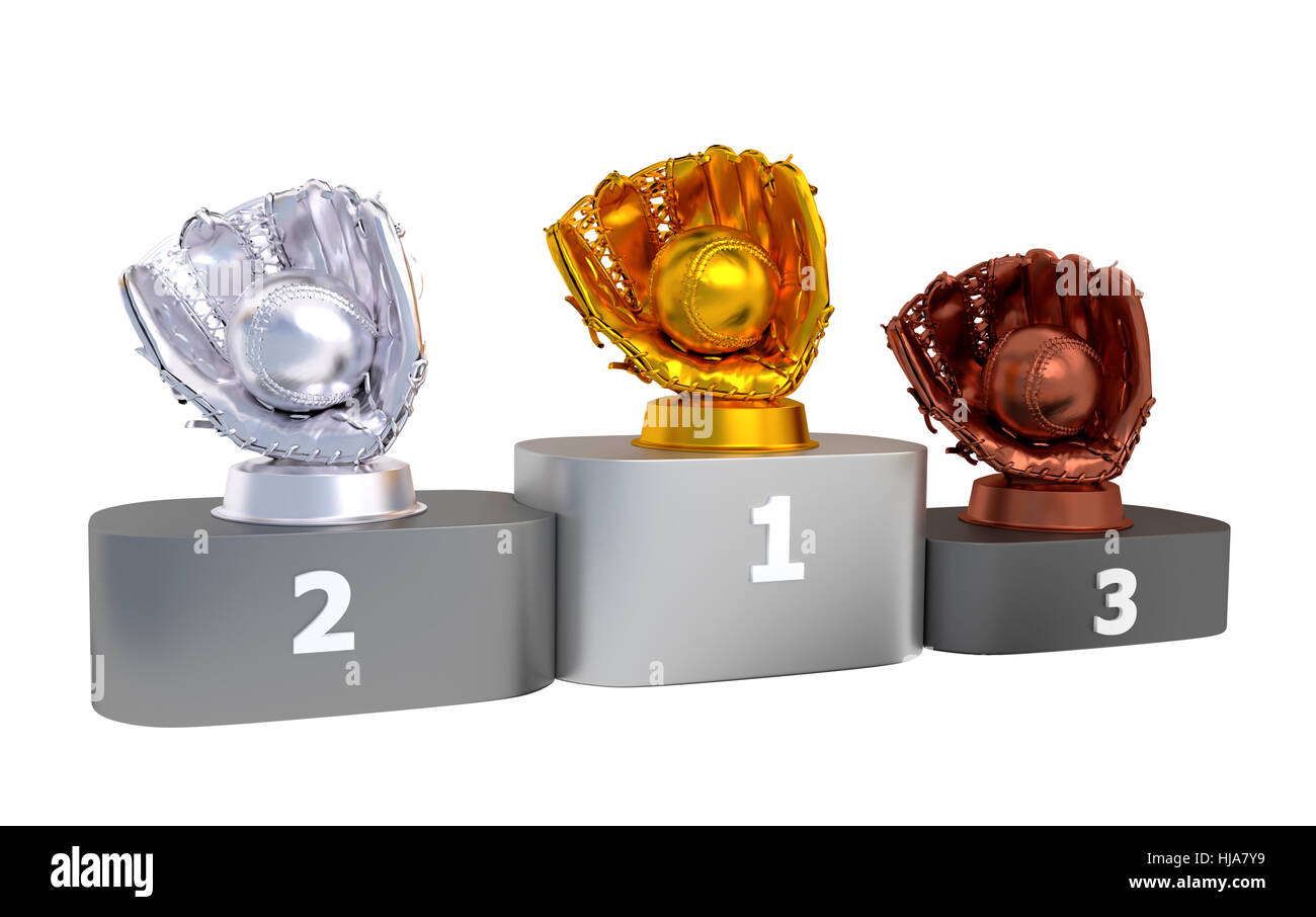 Baseball Podium with Gold Silver and Bronze Trophy with white ...