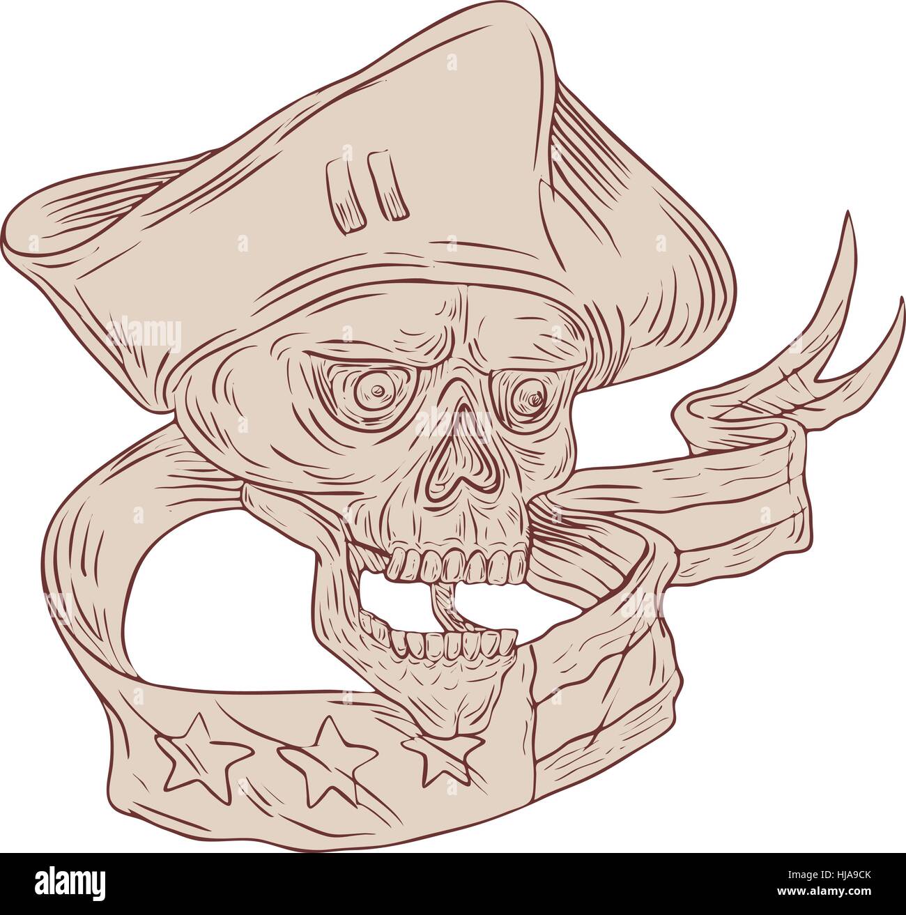 Drawing sketch style illustration of a skull patriot wearing hat viewed ...