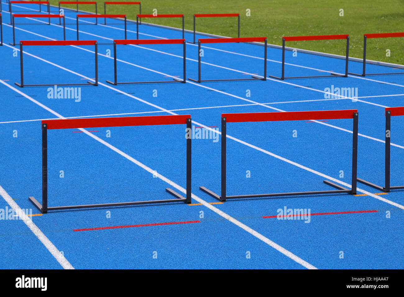 many red obstacles on the blue running track during a race Stock Photo ...
