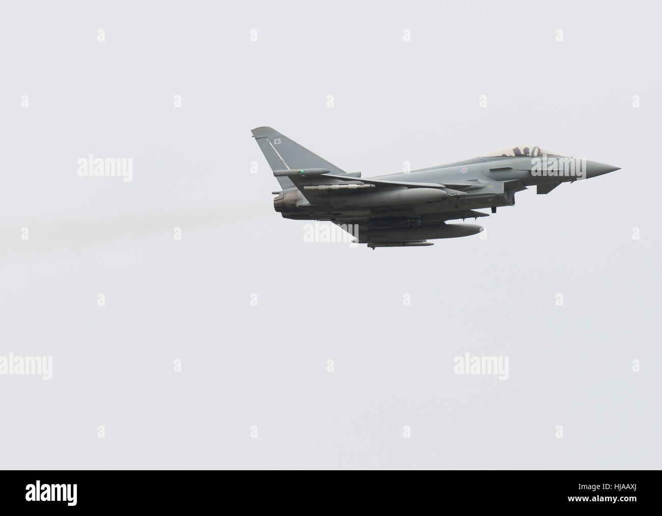 A Typhoon fighter aircraft in a flypast to celebrate the life of test ...