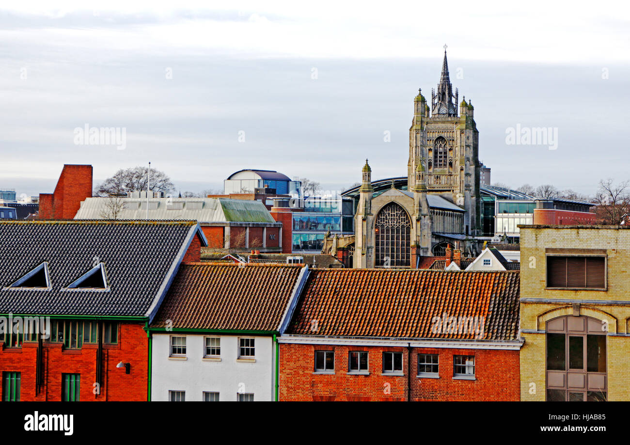 A view over rooftops towards St Peter Mancroft church in the City ...