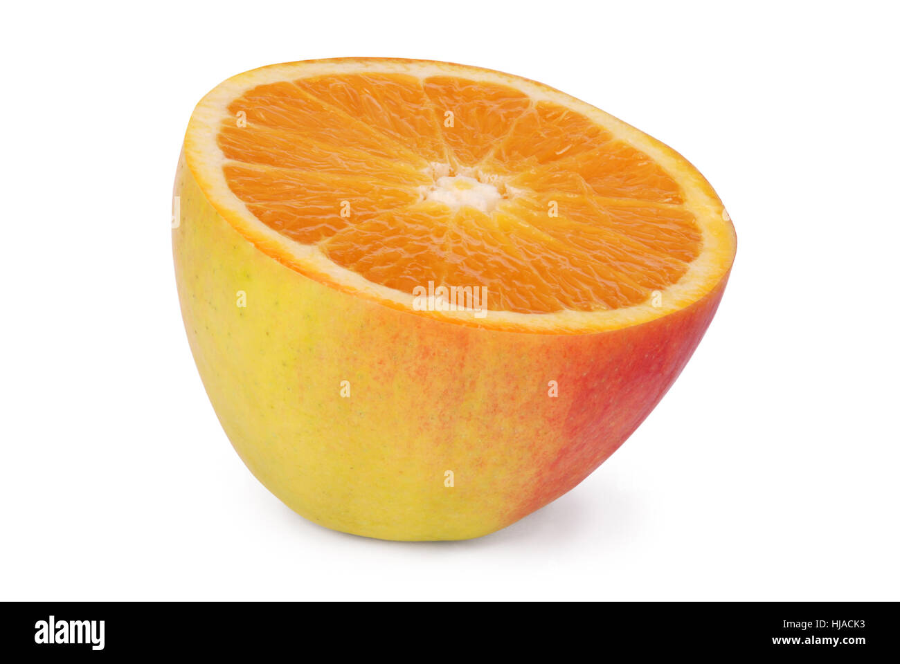 Apple and an orange combined into one piece of fruit on white. Clipping ...