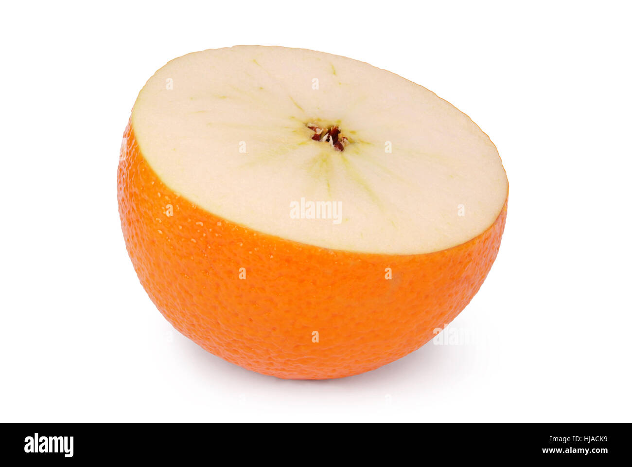Apple and an orange combined into one piece of fruit on white. Clipping ...